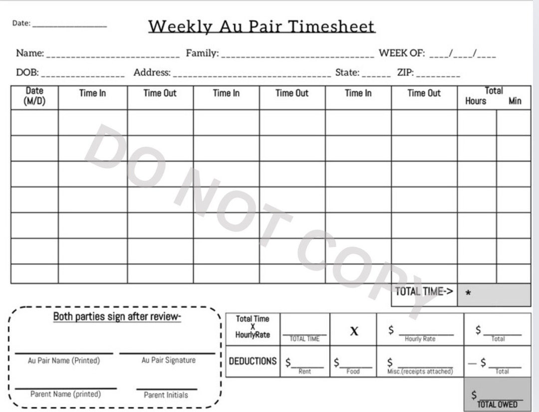 Weekly Childcare Timesheet; Weekly Babysitter/ Nanny/ Au-pair Wage and ...