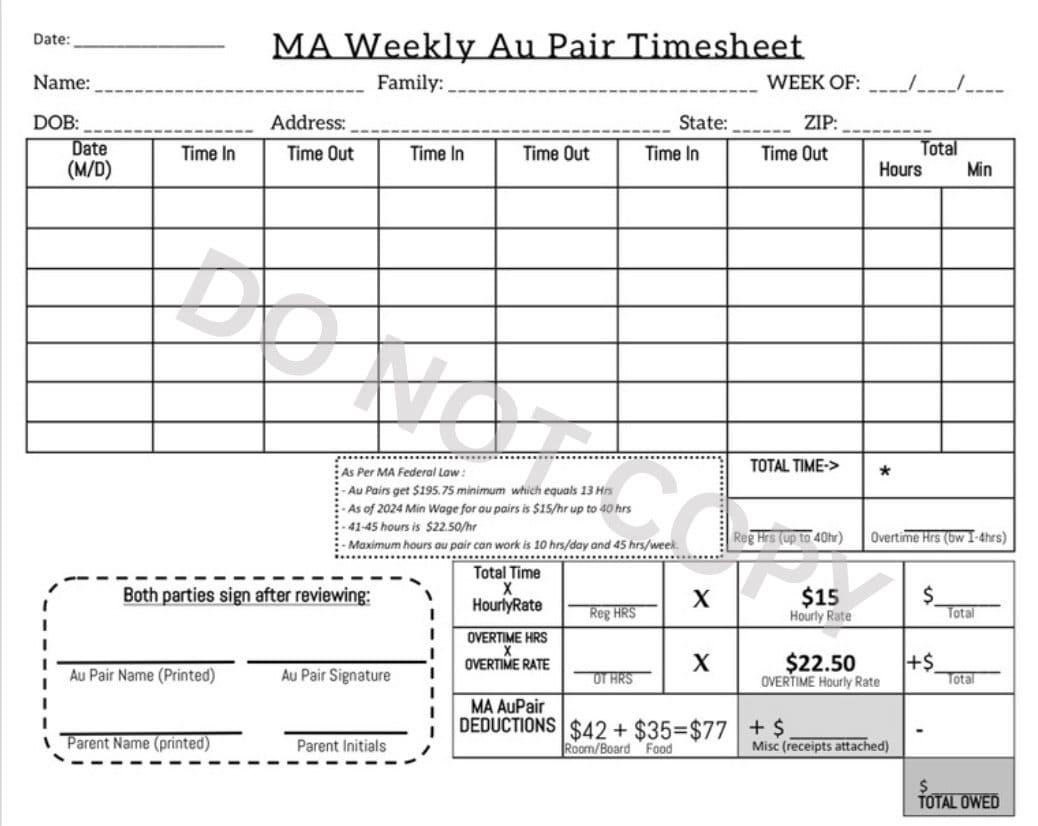 Au-pair Timesheet Template With Extra Space for Receipts (great for MA ...