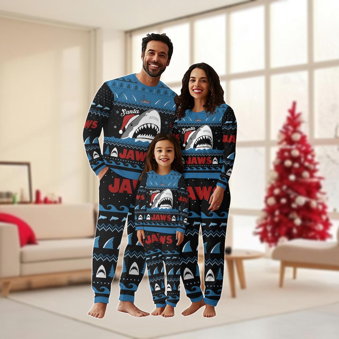Jaws Movie Family Pajamas, Santa Jaws Holiday Pajamas, Funny Shark Xmas ...