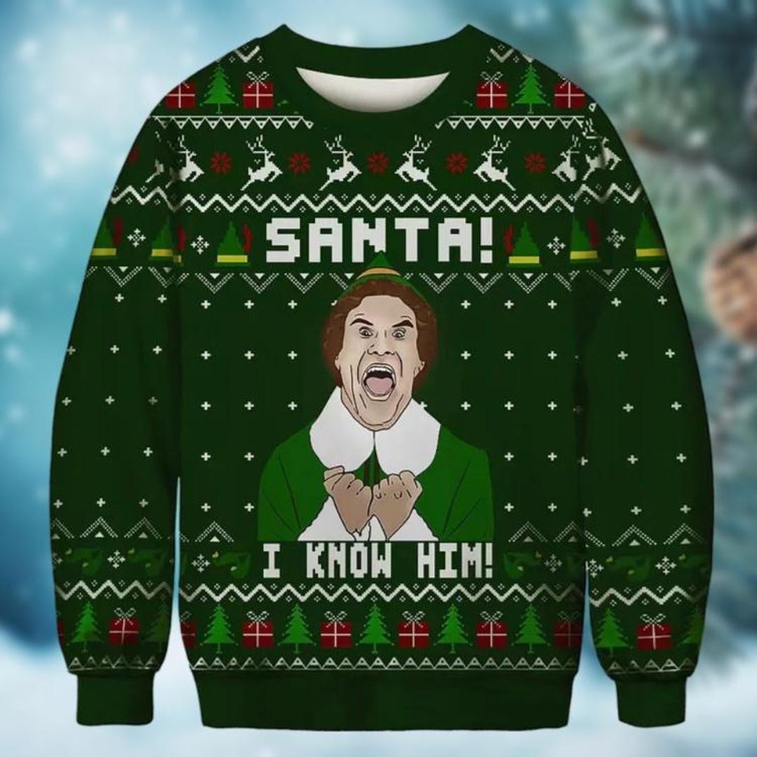 Buddy the Elf Ugly Sweater, Elf Movie Xmas Sweatshirt, Santa Elf ...