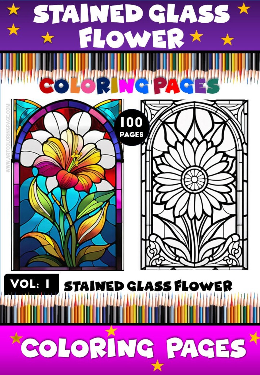 Stained Glass Flowers Coloring Pages: 100 Floral Window Templates ...