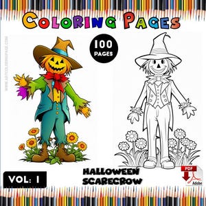 Scarecrow Coloring Pages: 100 Halloween Templates (instant PDF Download ...