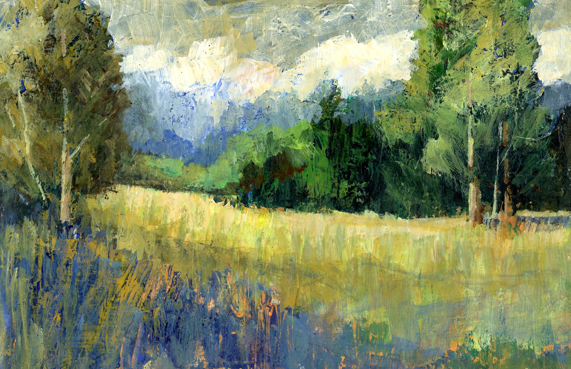 Original Oil Trees, Clouds, Meadow Palette Knife Painting by Bobbi ...