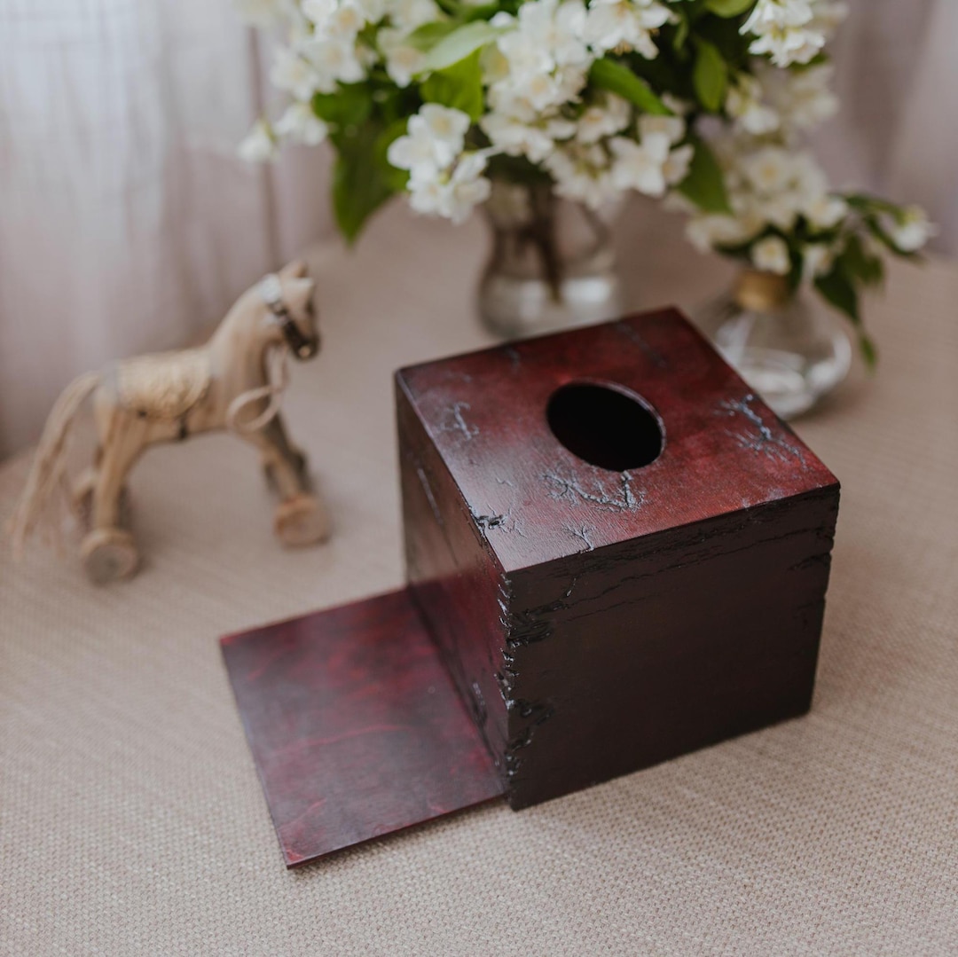 Dark Brown Wooden Tissue Box Square Cube With Classic Branch Motif ...