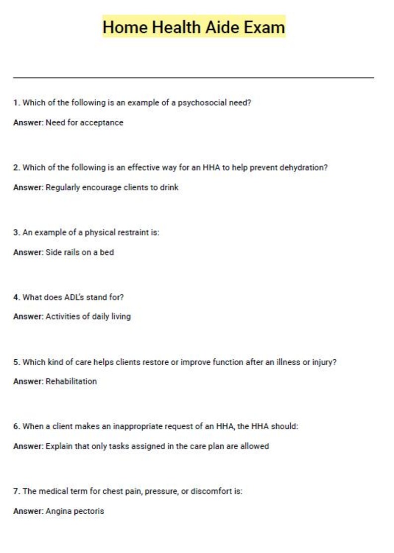 Home Health Aide Exam Study Guide | 100 Questions & Answers |PDF ...