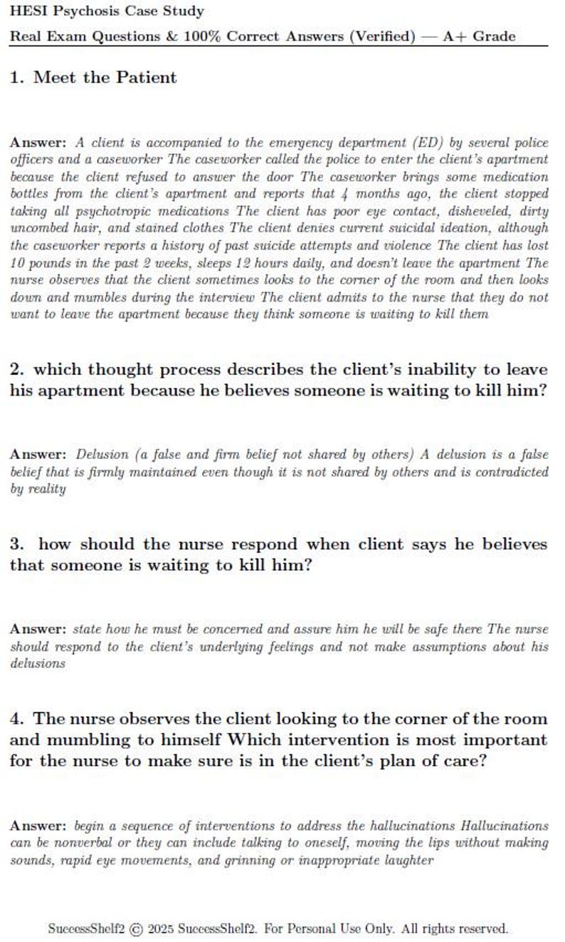 HESI Case Study Psychosis Exam 2024/2025 Update Comprise of Most Tested ...