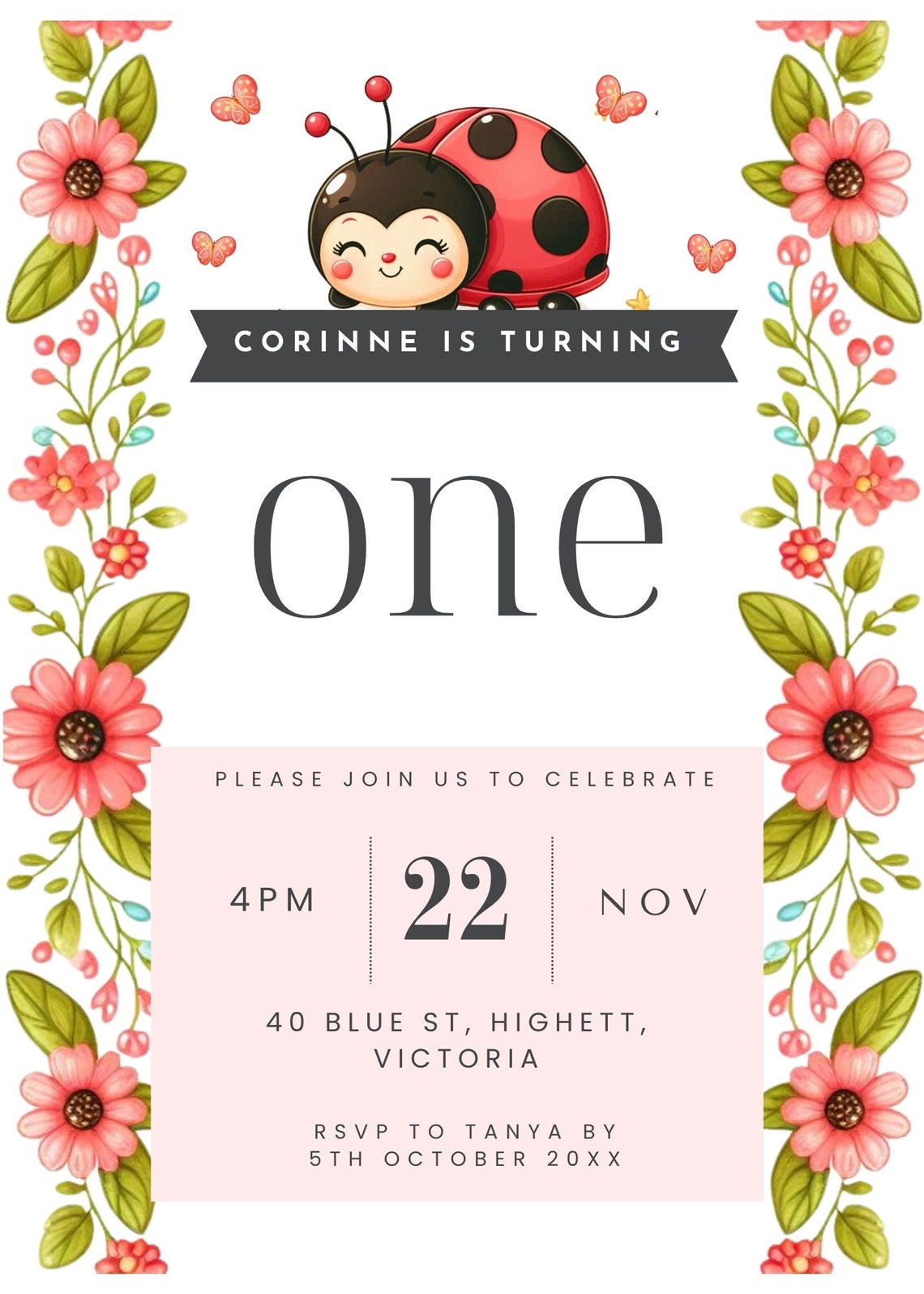 Digital Ladybug Birthday Invitation, Ladybug Invite, Insect Theme First ...