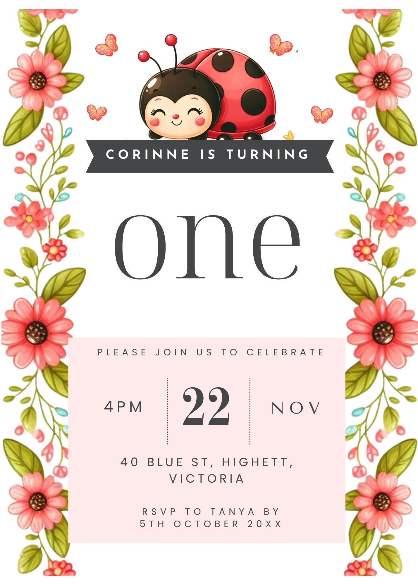 Digital Ladybug Birthday Invitation, Ladybug Invite, Insect Theme First ...