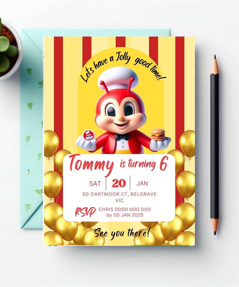 Editable 5x7 Jollibee Themed Birthday Invitation, Jolly Birthday Bash ...