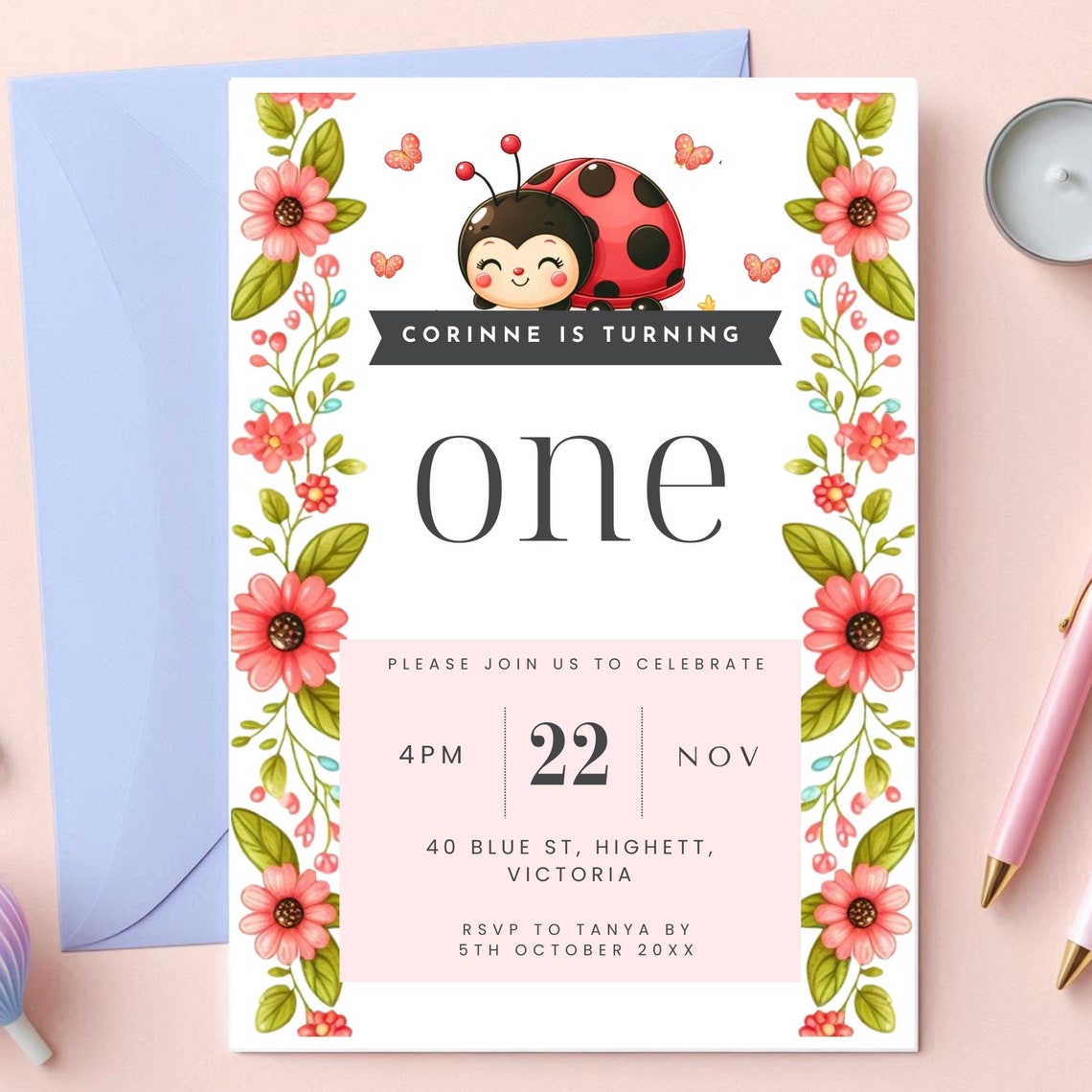 Digital Ladybug Birthday Invitation, Ladybug Invite, Insect Theme First ...