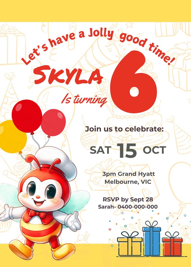 Editable 5x7 Jollibee Birthday Invitation Template, Jollibee, Unisex ...