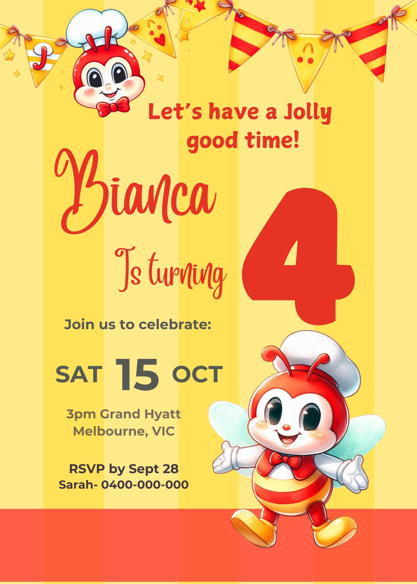 Editable 5x7 Jollibee Themed Birthday Invitation, Jolly Birthday Bash ...
