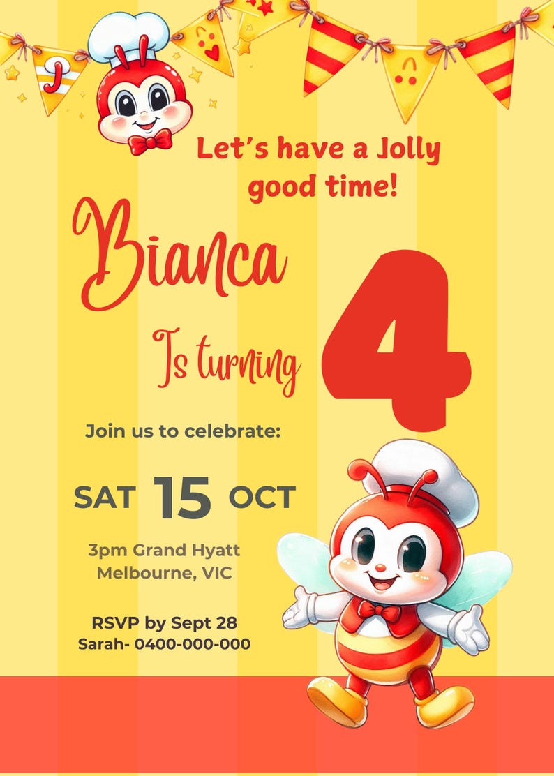 Editable 5x7 Jollibee Themed Birthday Invitation, Jolly Birthday Bash ...