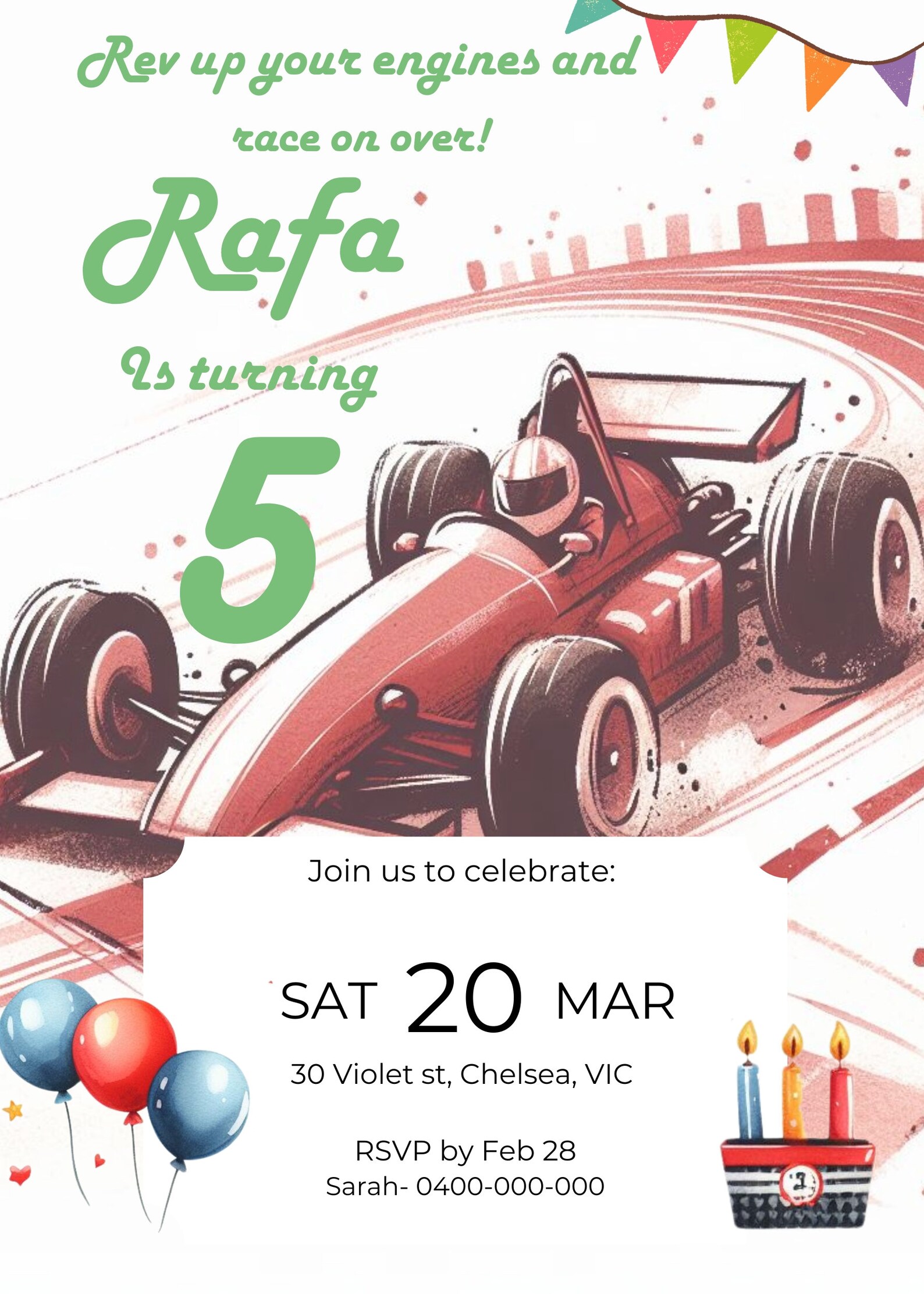 Editable 5x7 Race Car Birthday Invitation, Racing Theme, Red Car Theme ...