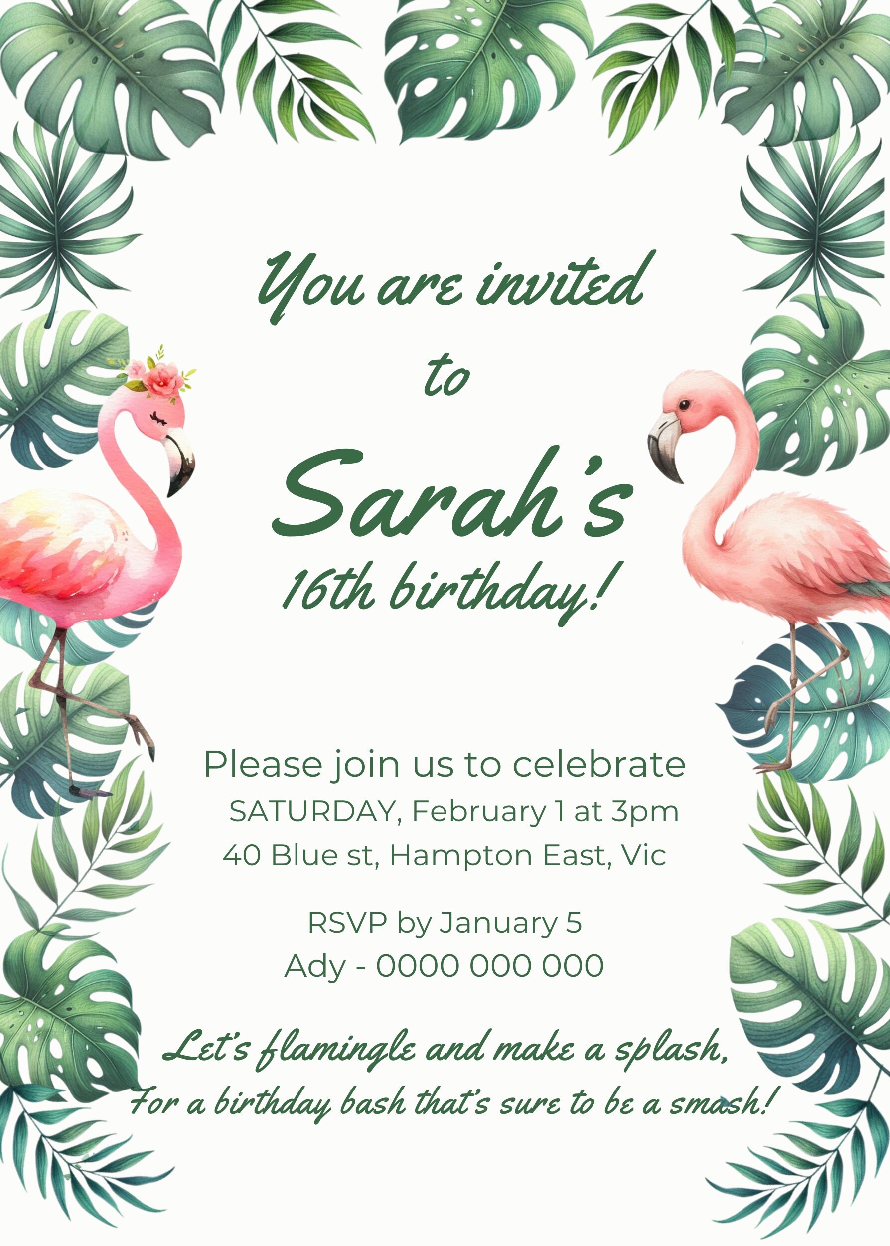 Flamingo Party Invitation Template, Customizable Monstera Theme ...