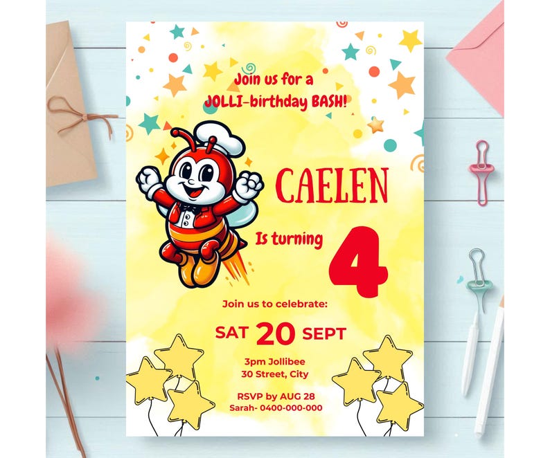 Editable 5x7 Jollibee Birthday Invitation Template, Jolly Bee, Unisex ...