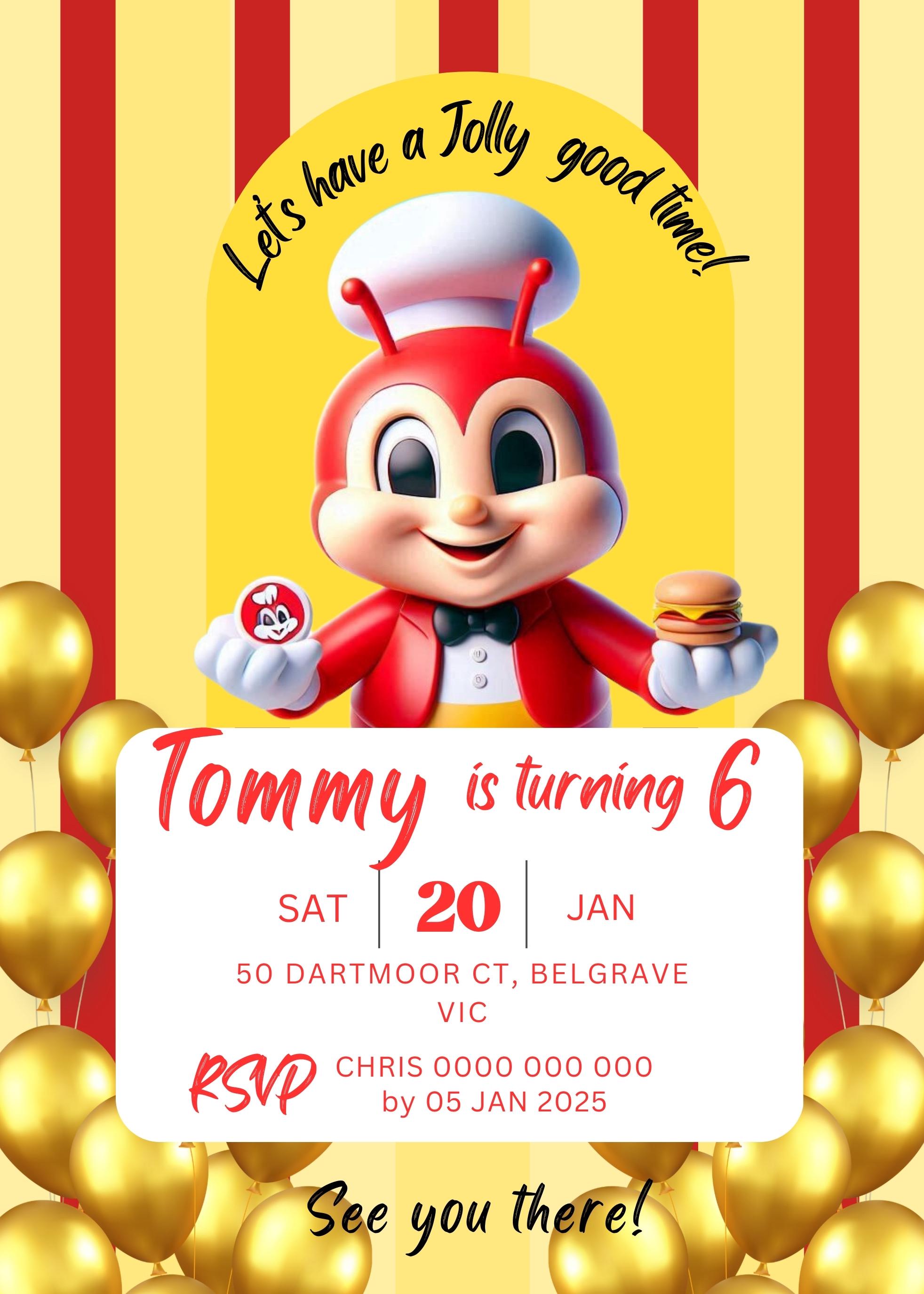 Editable 5x7 Jollibee Themed Birthday Invitation, Jolly Birthday Bash ...