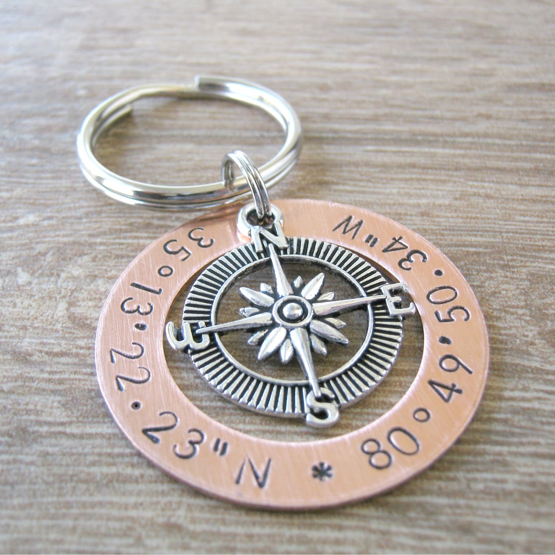 GPS Key Chain, Rustic Coordinates Key Chain, Lat Long Keychain, Alkeme ...