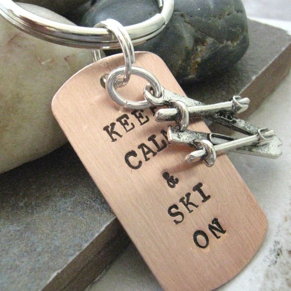 Keep Calm and Ski on Copper Dog Tag With Snow Skis Charm | Etsy