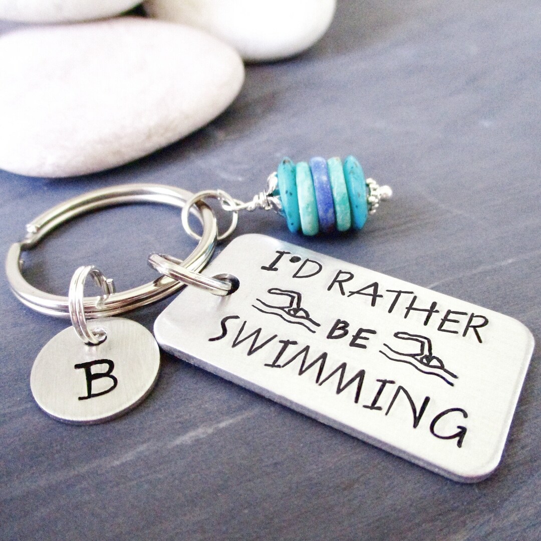 Personalized Swimmer Keychain, Optional Initial Disc, Aqua Blue Bead ...