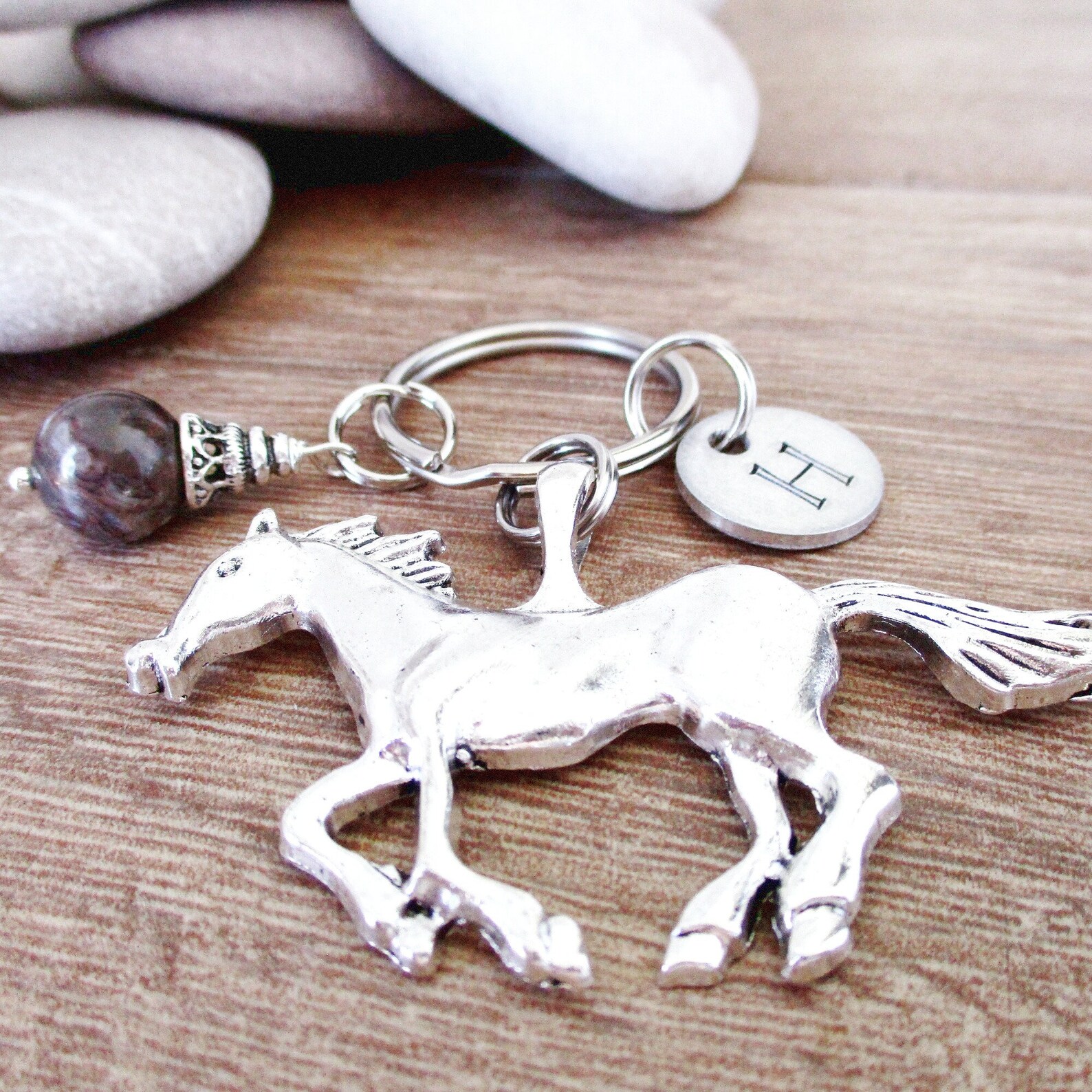 Personalized Horse Keychain With 12mm Brown Agate Bead or Your Choice ...