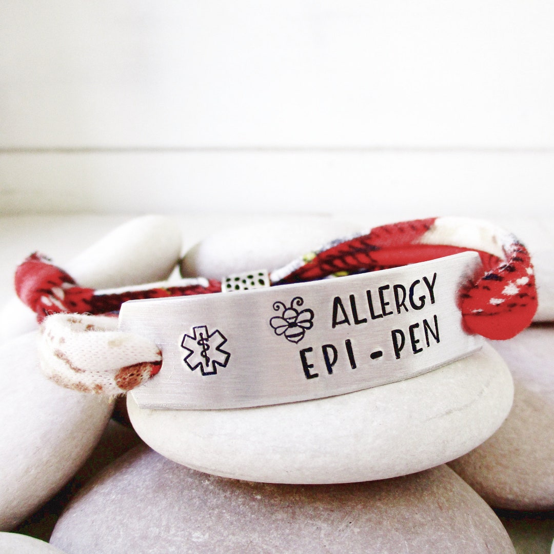 Bee Allergy Bracelet Epi Pen Med Alert Custom Medical Alert bracelet Allergic to Bees Bracelet choice your fabric and metal bar Etsy
