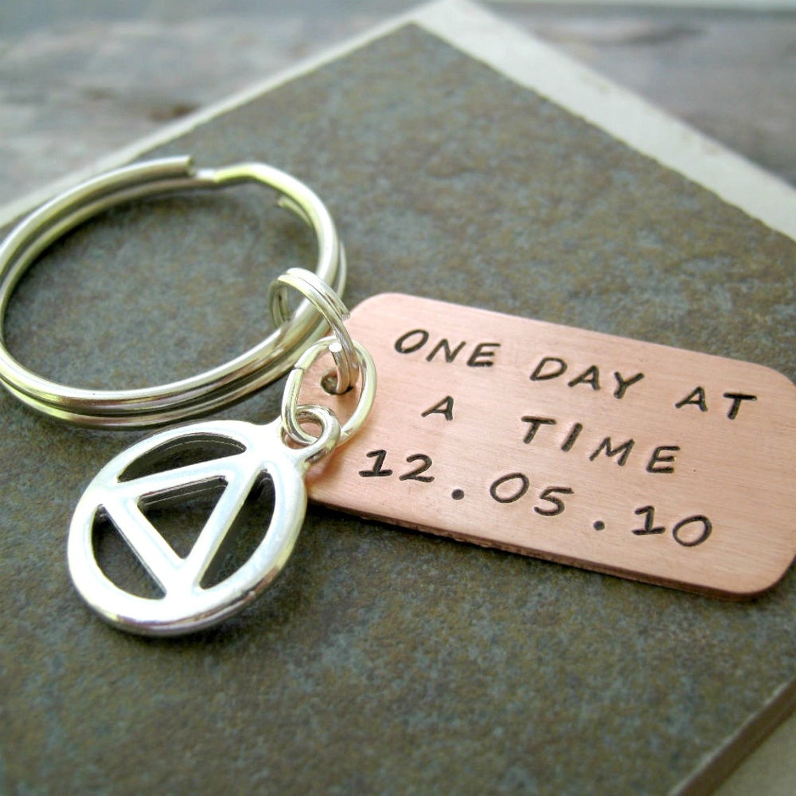Sobriety Symbol Keychain One Day At a Time add sober date | Etsy