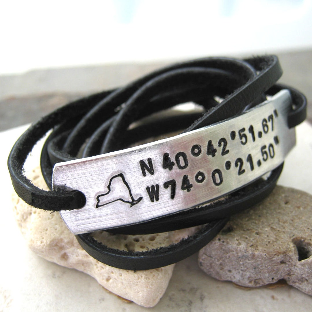 50 States Personalized Longitude Latitude Bracelet, Choose Leather Wrap ...