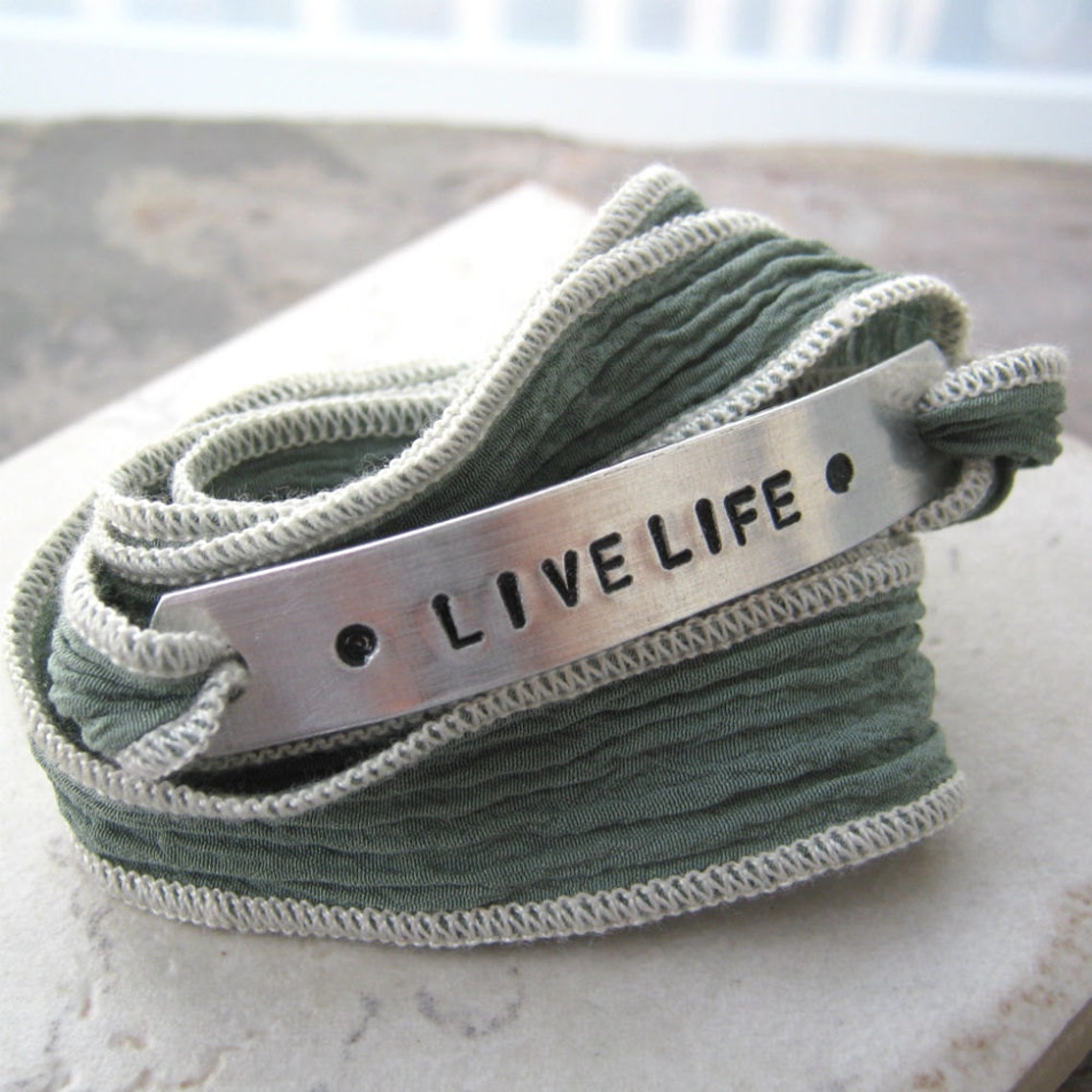 Live Life Bracelet, Seaweed Silk Ribbon Wrap, Aluminum or Copper Tag ...