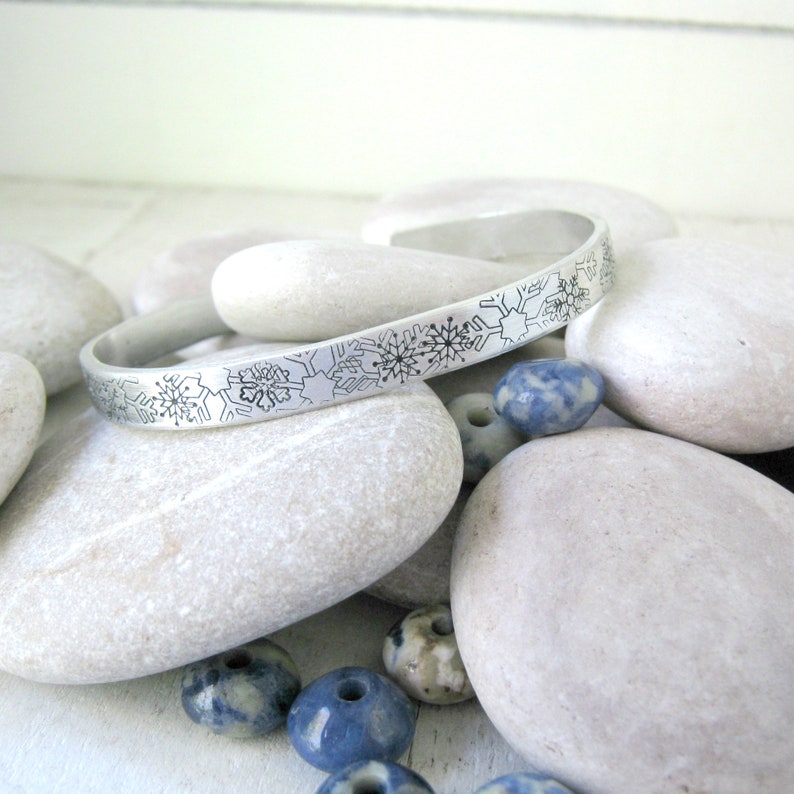 Hand Stamped Snowflake Bracelet, Aluminum Cuff, Winter Bracelet ...