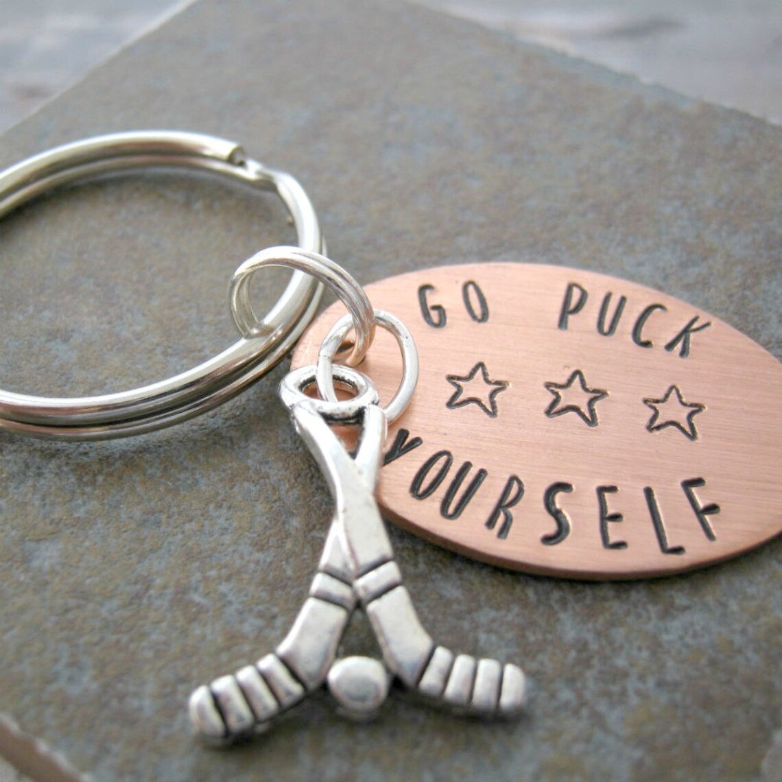 Go Puck Yourself Hockey Keychain copper oval hockey sticks | Etsy