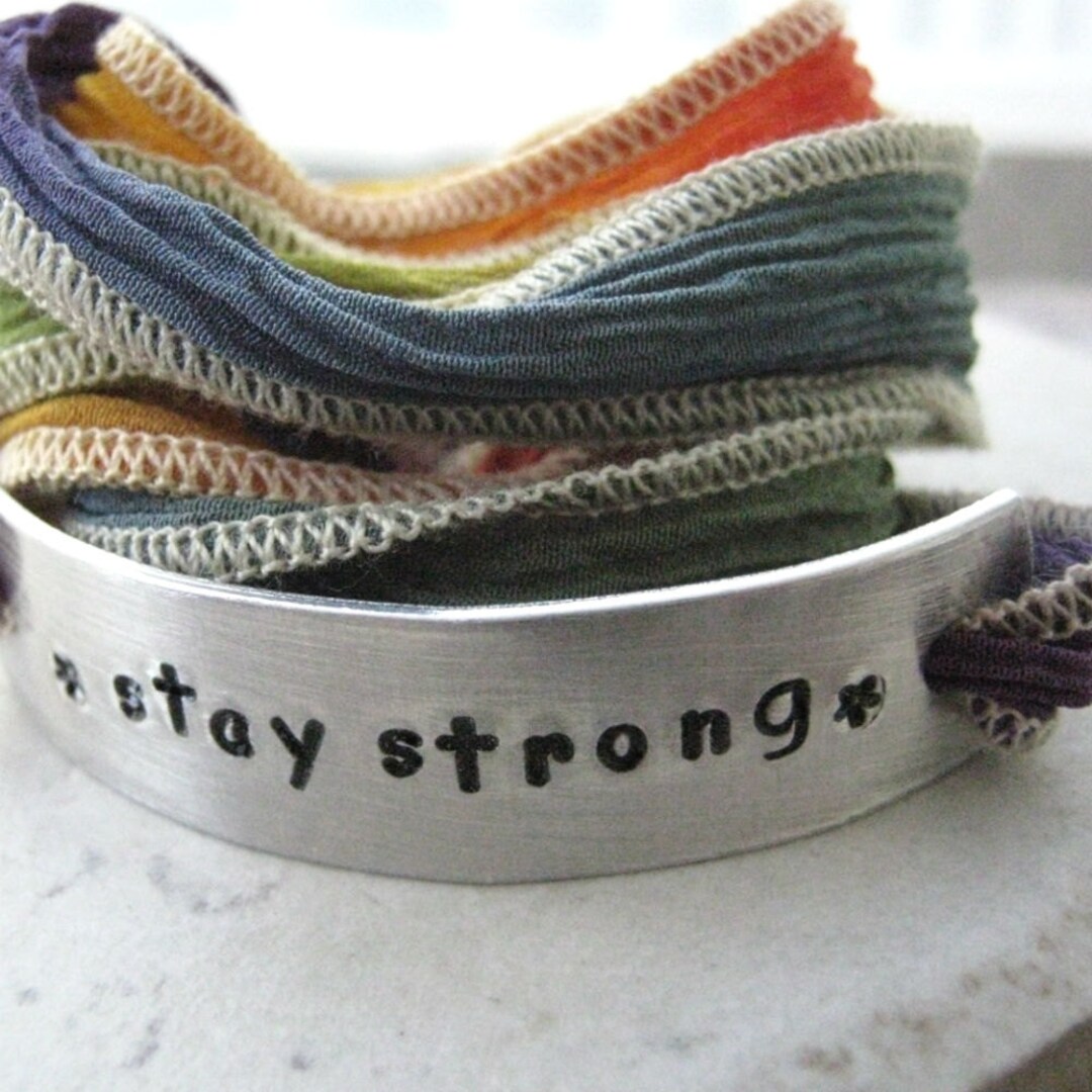Stay Strong Bracelet, Rainbow Silk Ribbon Wrap, Aluminum or Copper Tag ...