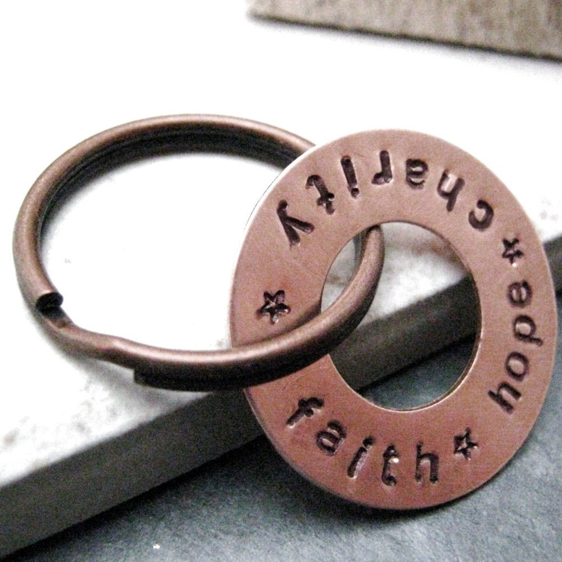 Faith Hope Charity Keychain, Washer Keychain, Copper Washer, Customize ...