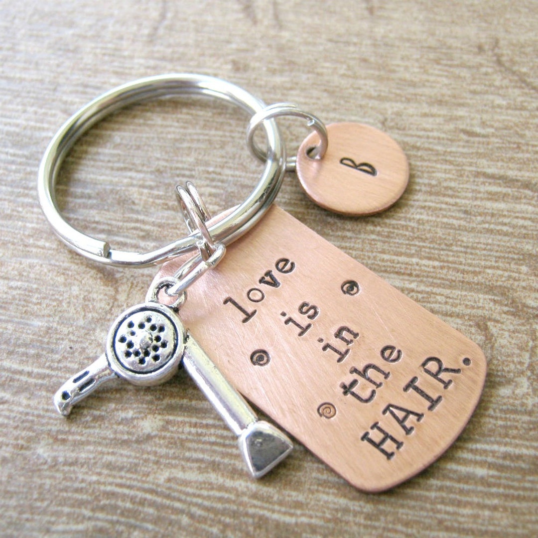 Love is in the Hair Keychain, Blow Dryer Charm, Optional Intial Disc ...