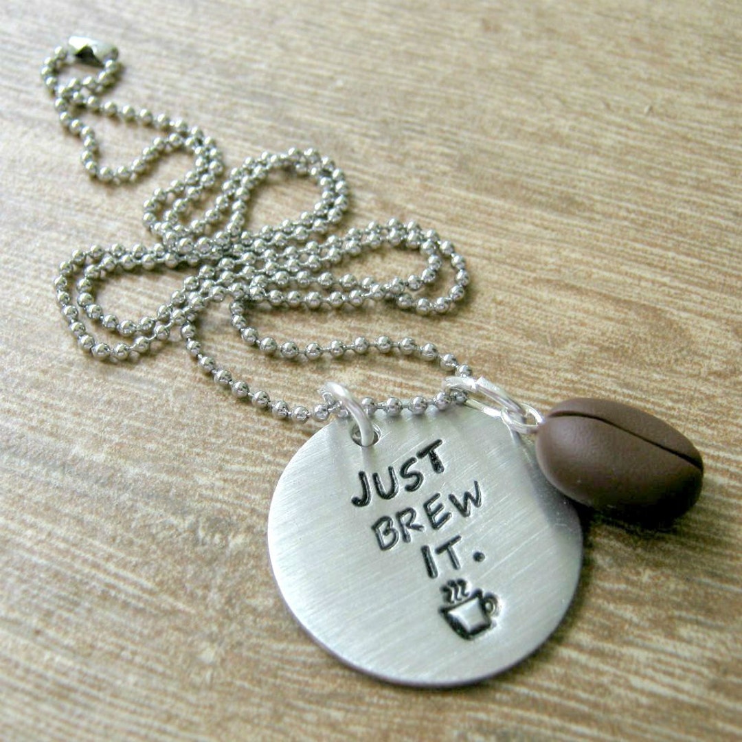 Coffee Lover's Necklace, Pewter Disc With Coffee Bean Charm, Just Brew ...