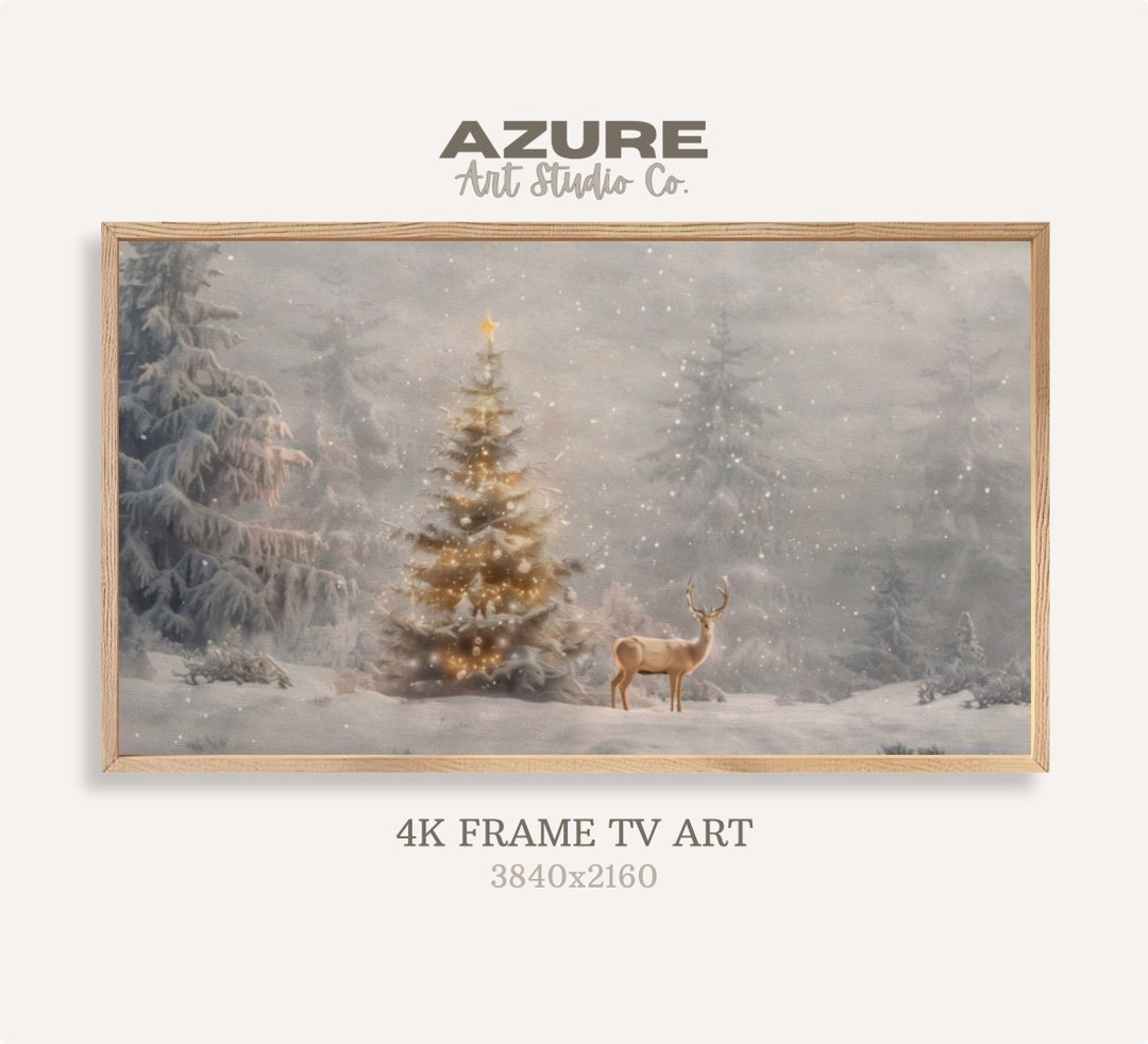 Vintage Reindeer Christmas Frame TV Art, Christmas Tree Winter Forest ...