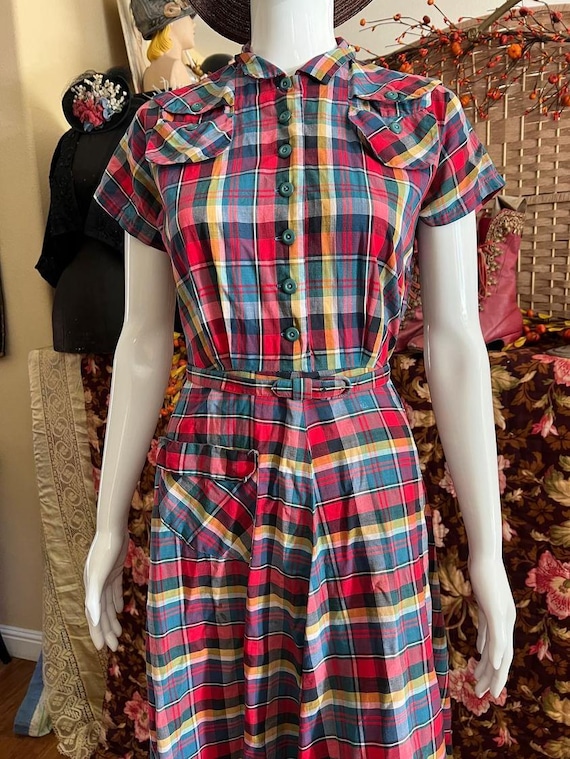 1950s Autumn colored plaid day dress - Gem