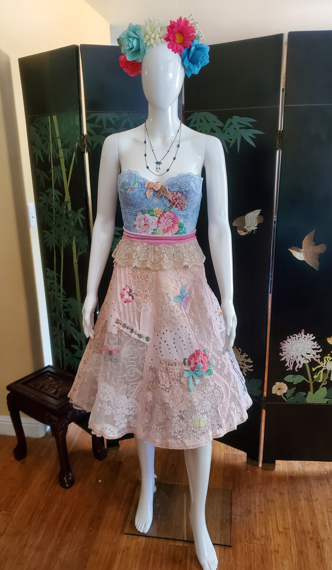 Handmade Upcycled Bustier Party Dress Hand Dyed With Flower, Birds ...
