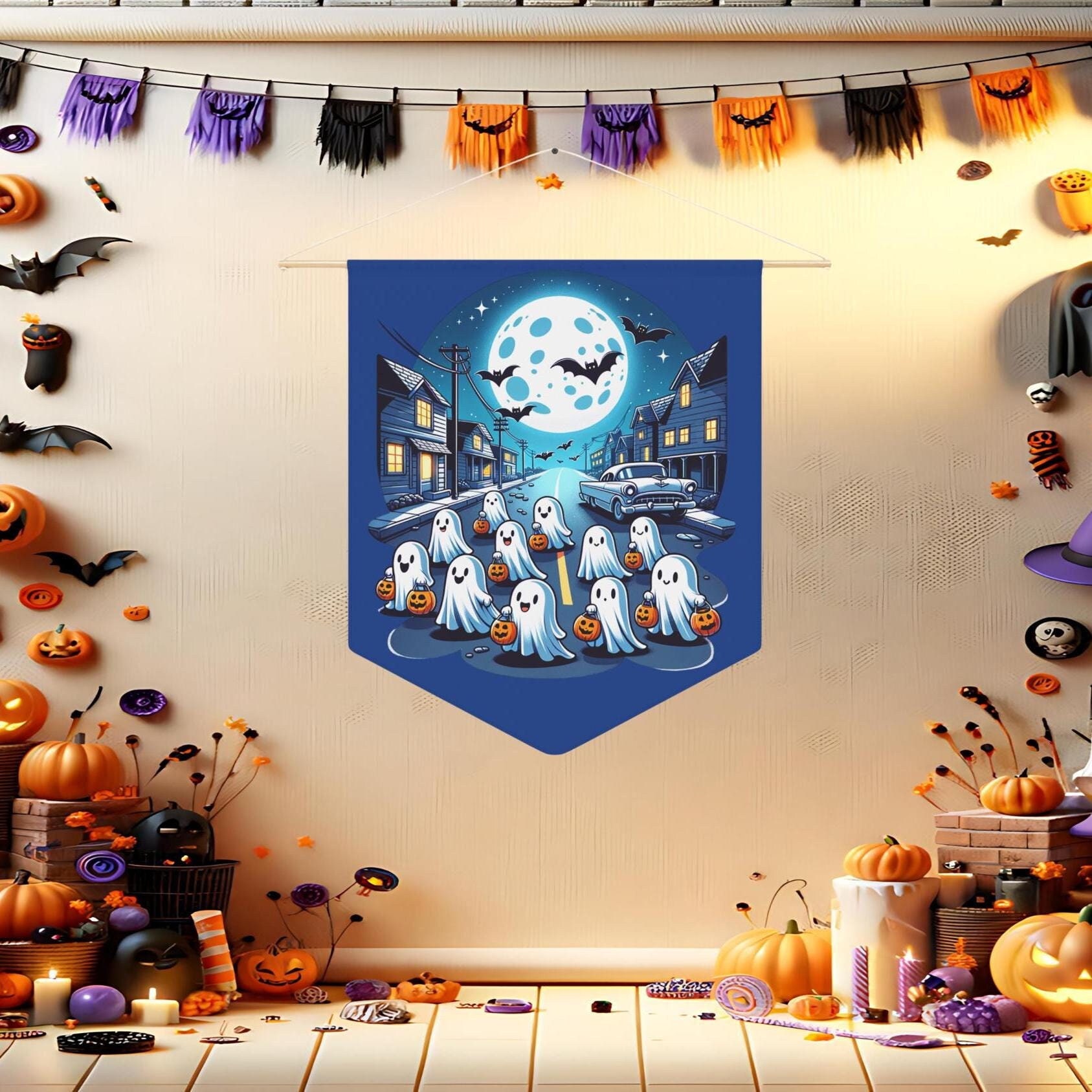 Halloween Banner, Spooky Night Scene, Trick-or-treat Ghosts Flag, House ...