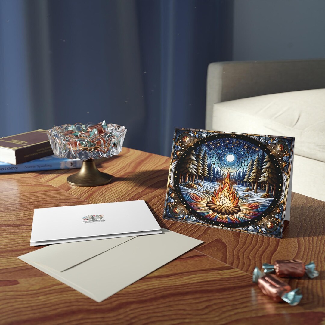 Blank Stained Glass Winter Campfire Greeting Card, Stunning Winter ...