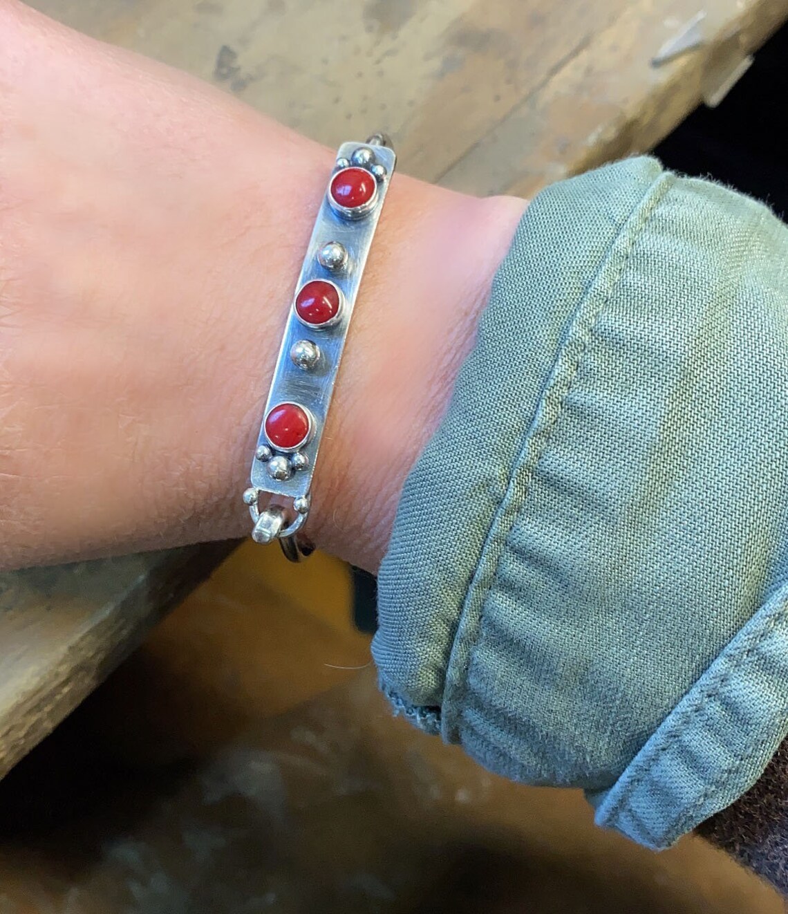 Red Coral Sterling Silver Bangle Bracelet: Rustic Textured Design - Etsy