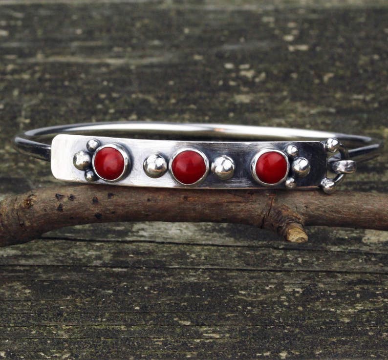 Red Coral Bangle Bracelet / Sterling Silver Bracelet / Gift - Etsy