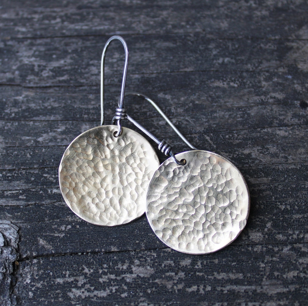 Hammered Brass Large Disc Dangle Earrings / Mix Metal Earrings / Silver ...