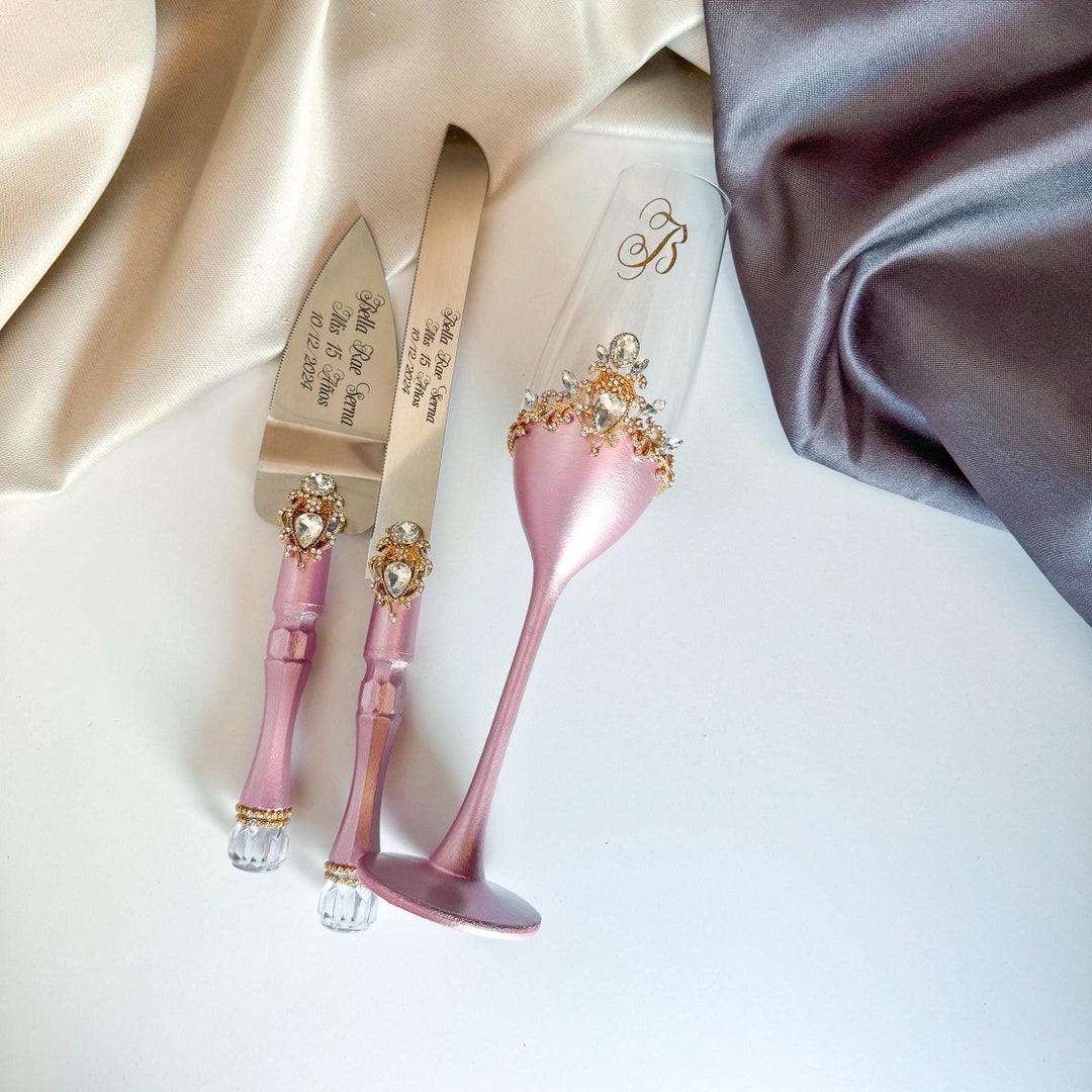 Blush Pink Quinceañera Toast Flutes & Cake Set, Gold Jewelry - Etsy