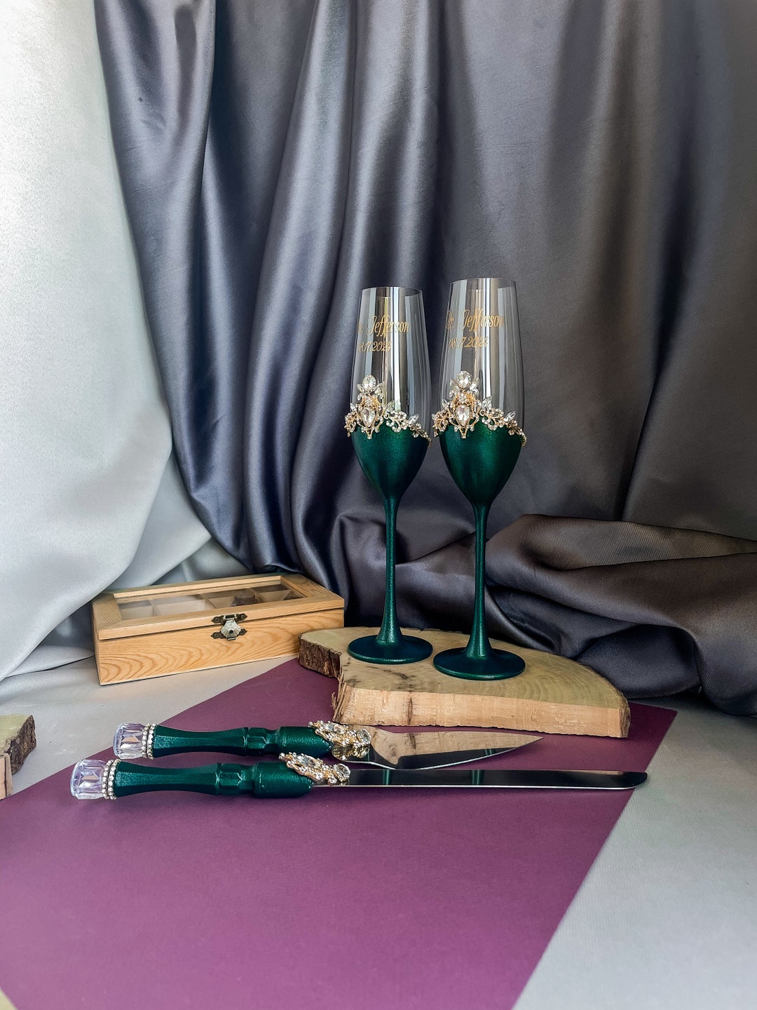 Emerald Wedding Glasses Personalized Wedding Flutes and Cake Set Green ...