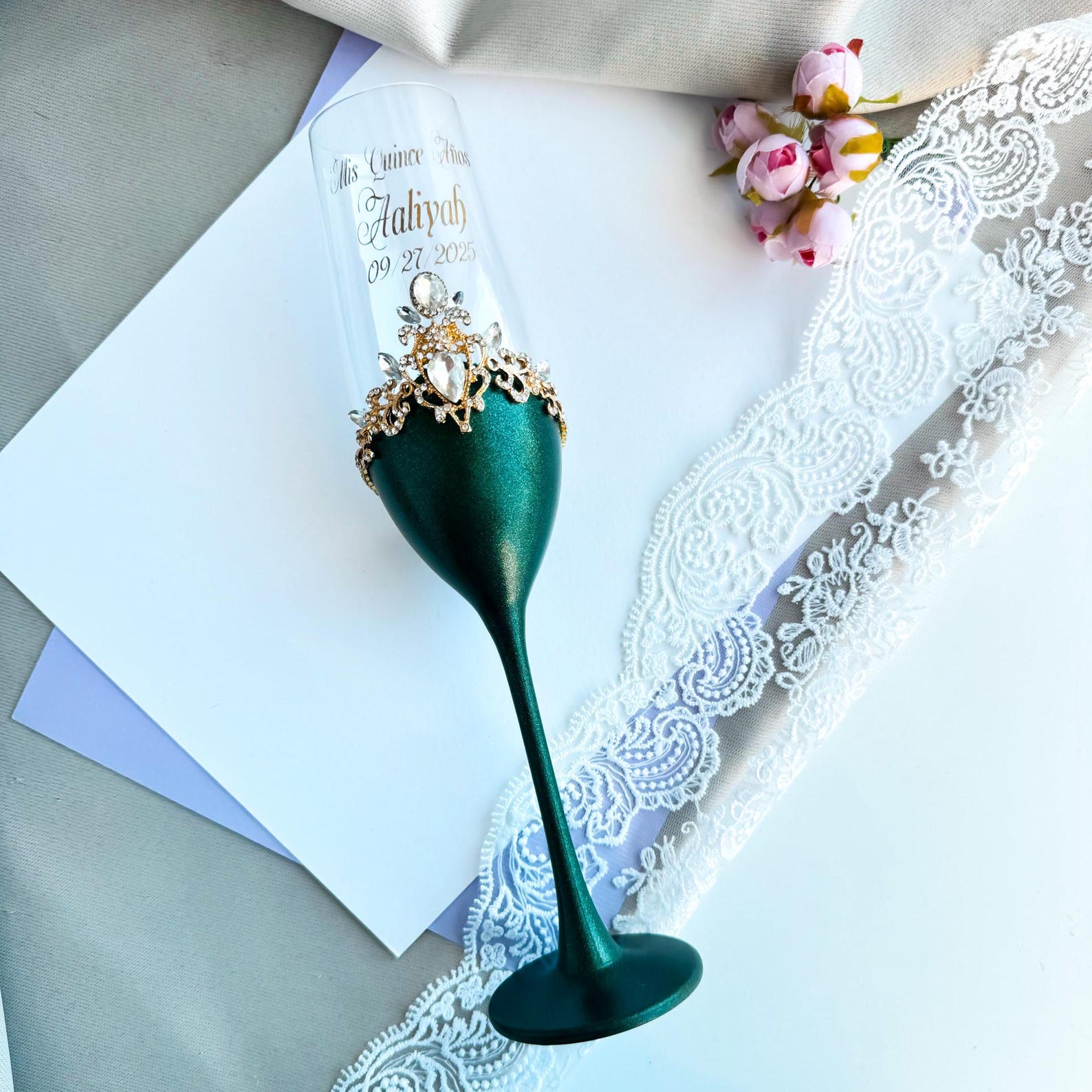 Emerald Green Quinceañera Champagne Flute & Cake Server Set - Etsy