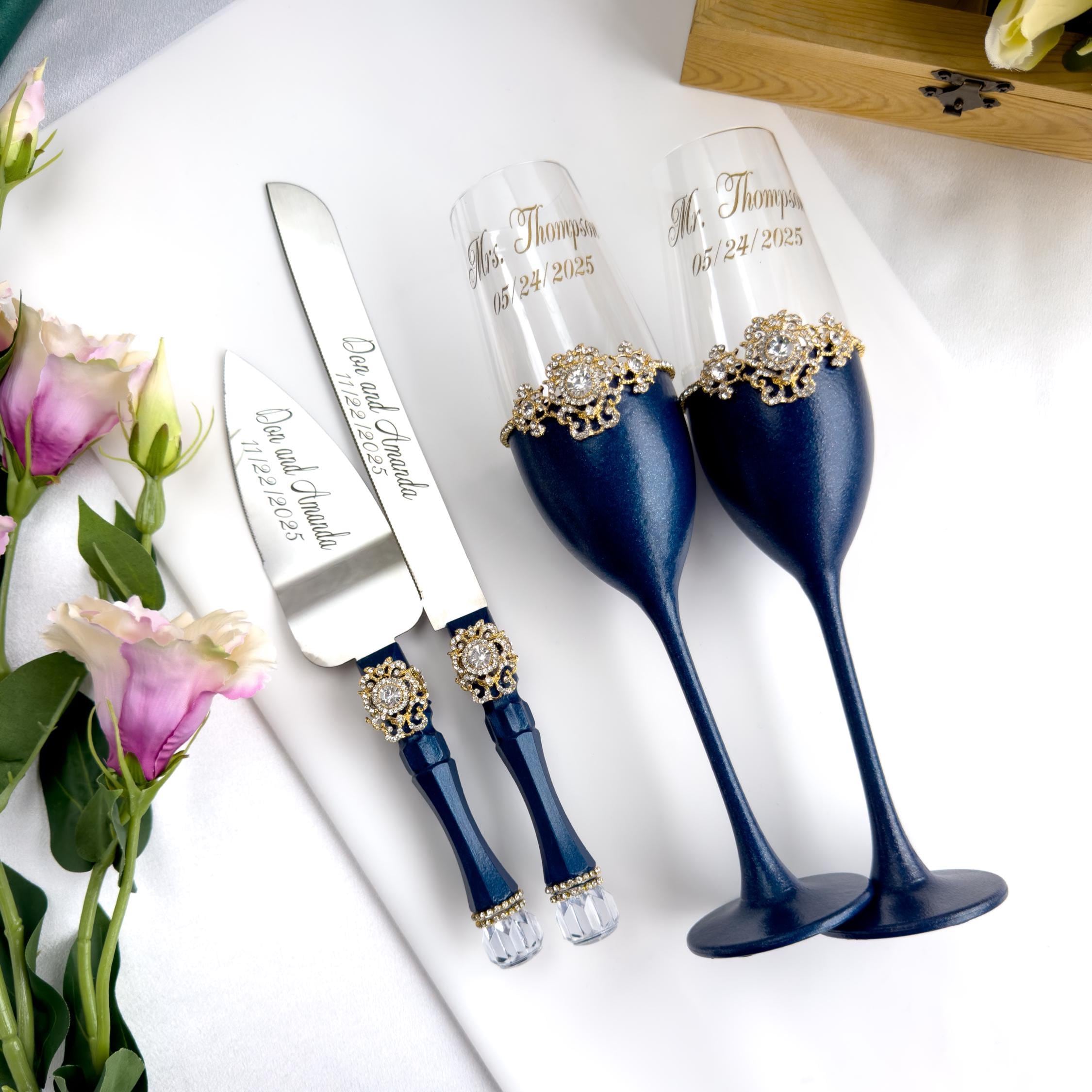 Navy and Gold Wedding Set, Engraved Champagne Glasses, Cake Cutting Set ...
