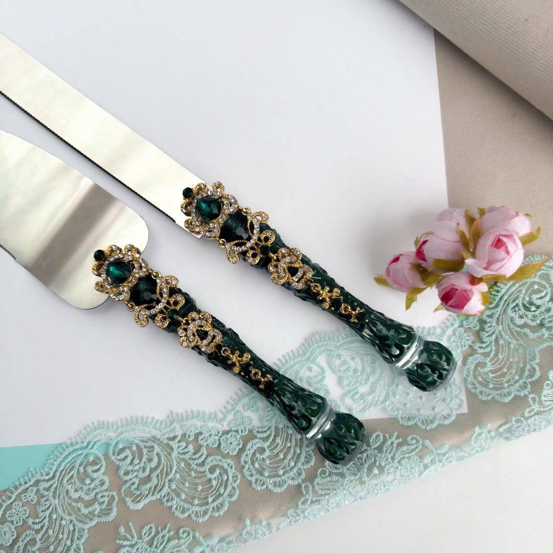 Engraved Emerald Green Cake Cutting Set: Wedding Cake Server & Knife - Etsy
