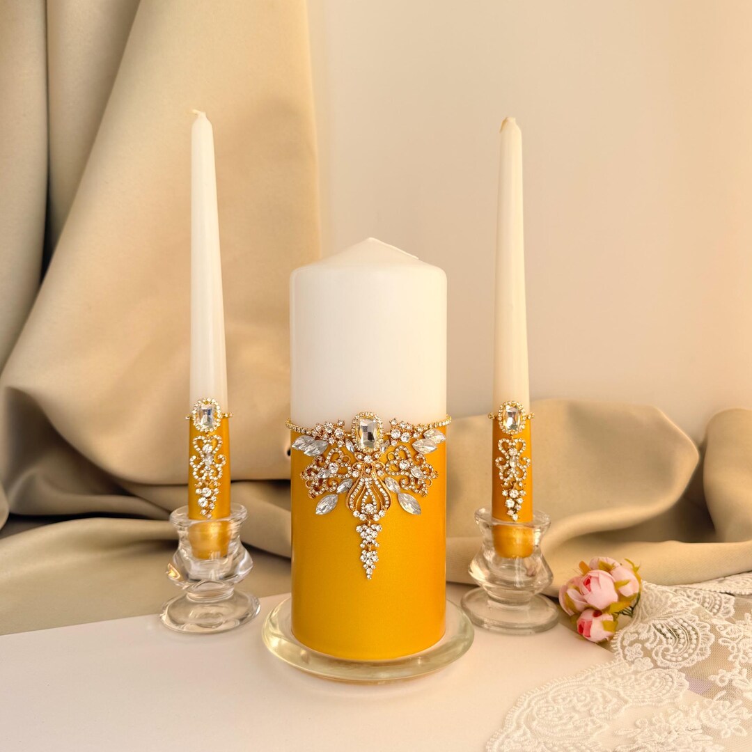 Gold Wedding Unity Candle Set: Decorated Candles With Crystals - Etsy