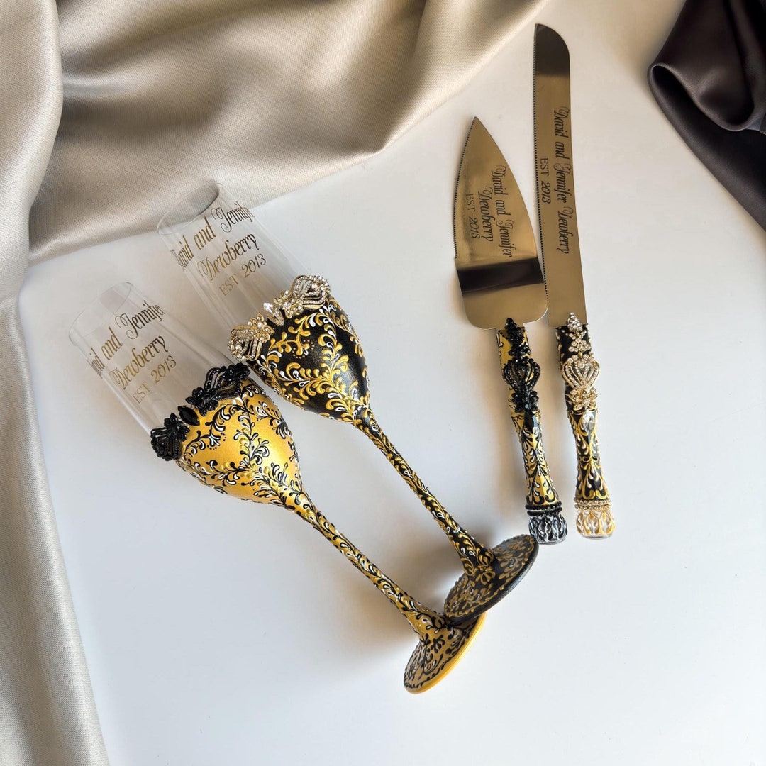 Black Gold Champagne Glasses Black Gold Cake Cutting Set Personalized ...